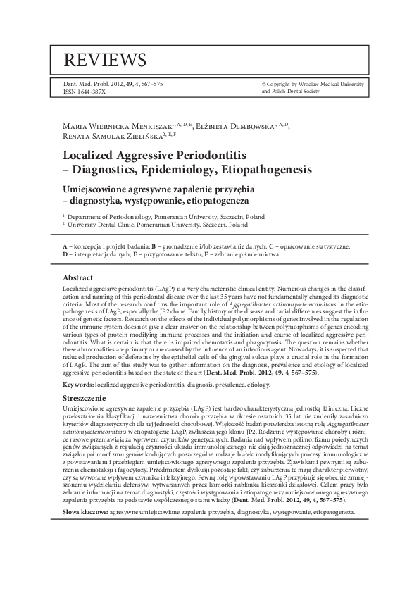 (PDF) Localized Aggressive Periodontitis – Diagnostics