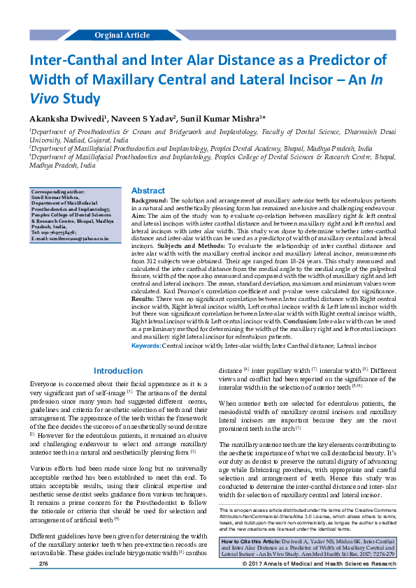(PDF) Inter-Canthal and Inter Alar Distance as a Predictor of Width of ...