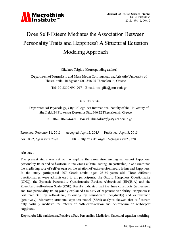 Pdf Does Self Esteem Mediates The Association Between Personality