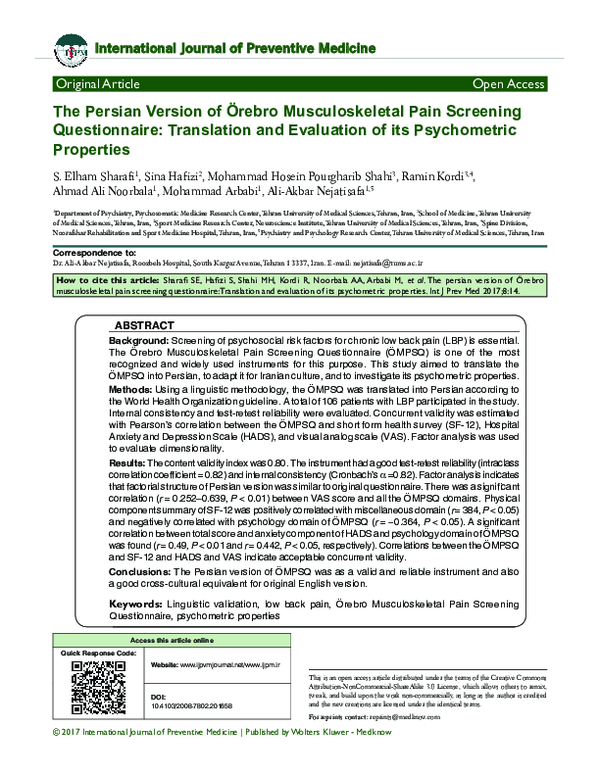 (PDF) The Persian Version of Örebro Musculoskeletal Pain Screening ...