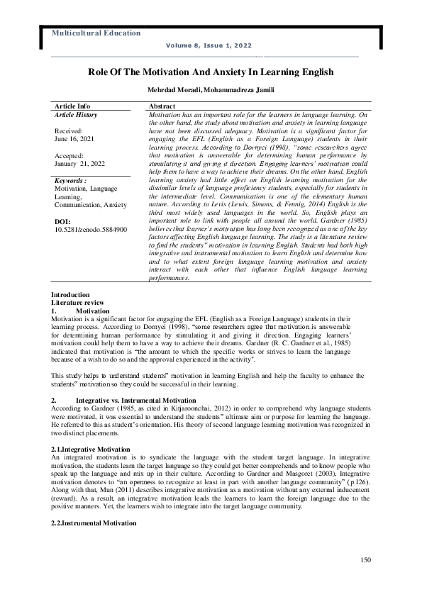 (PDF) Role Of The Motivation And Anxiety In Learning English