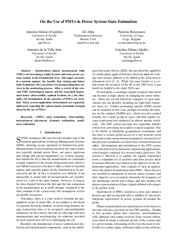 Pdf On The Use Of Pmus In Power System State Estimation