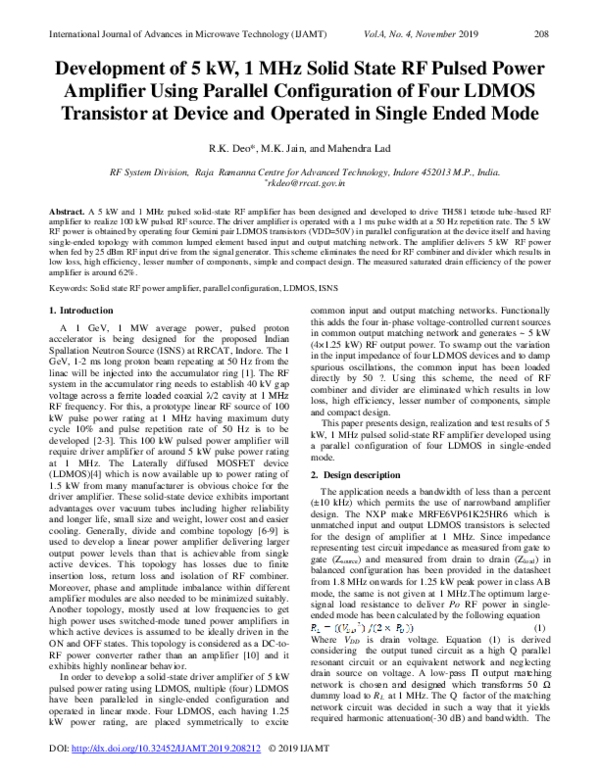(PDF) Development of 5 kW, 1 MHz Solid State RF Pulsed Power Amplifier ...