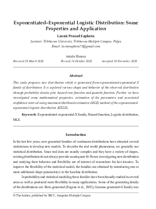 Pdf Exponentiated Exponential Logistic Distribution Some Properties And Application