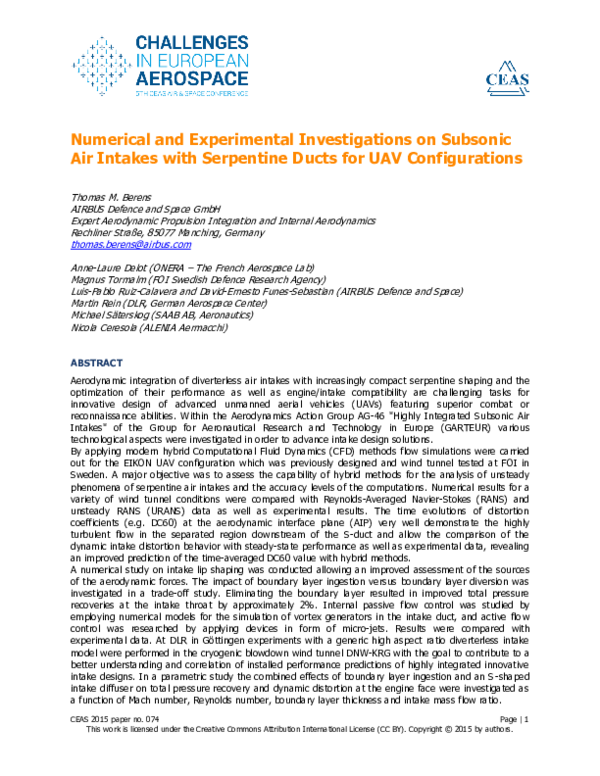 (PDF) Numerical and Experimental Investigations on Subsonic Air Intakes ...