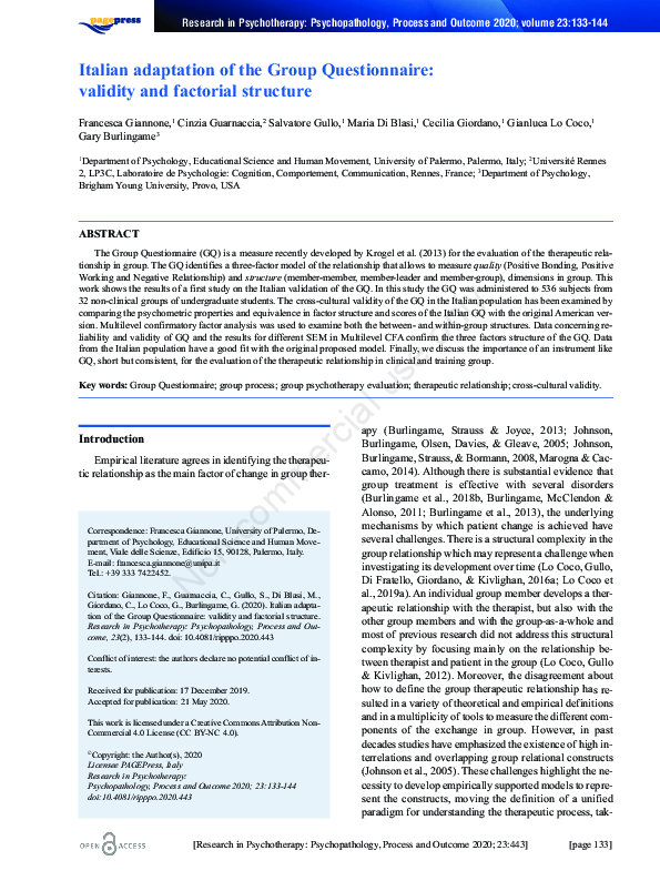 (PDF) Italian adaptation of the Group Questionnaire: validity and ...
