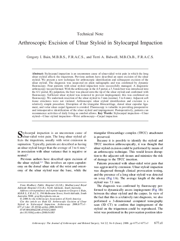 (PDF) Arthroscopic Excision of Ulnar Styloid in Stylocarpal Impaction