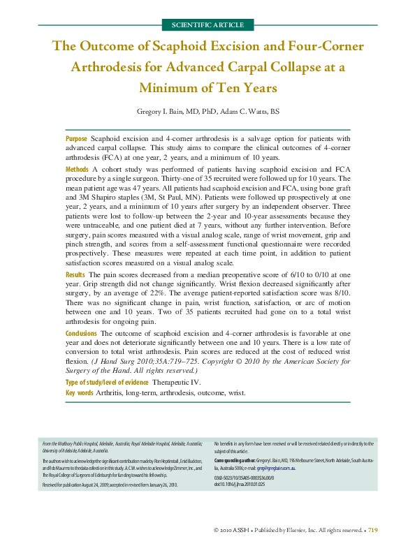 (PDF) The outcome of scaphoid excision and four-corner arthrodesis for ...