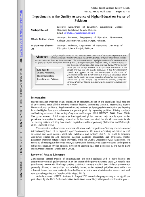 (PDF) Impediments in the Quality Assurance of Higher Education Sector ...