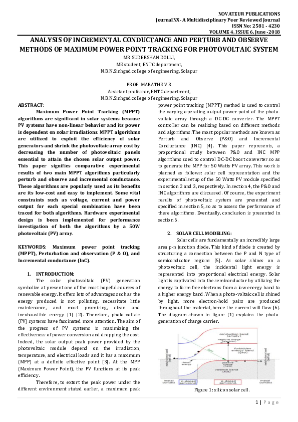 Pdf Journalnx Analysis Of Incremental Conductance And Perturb And Observe Methods Of Maximum