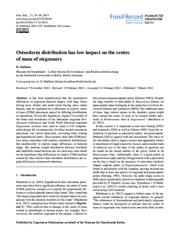 (PDF) Osteoderm distribution has low impact on the centre of mass of ...