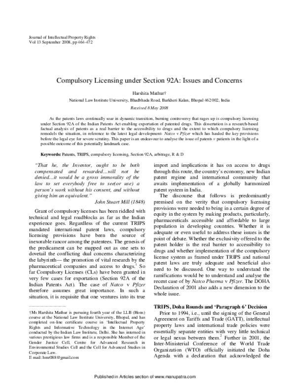 (PDF) Compulsory Licensing under Section 92A: Issues and Concerns