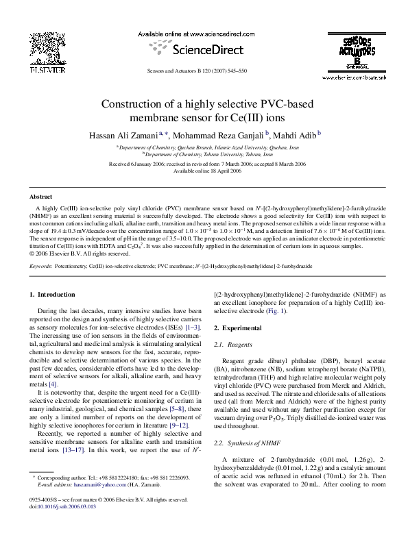 (PDF) Construction of a Highly Selective PVC-Based Membrane Sensor for ...