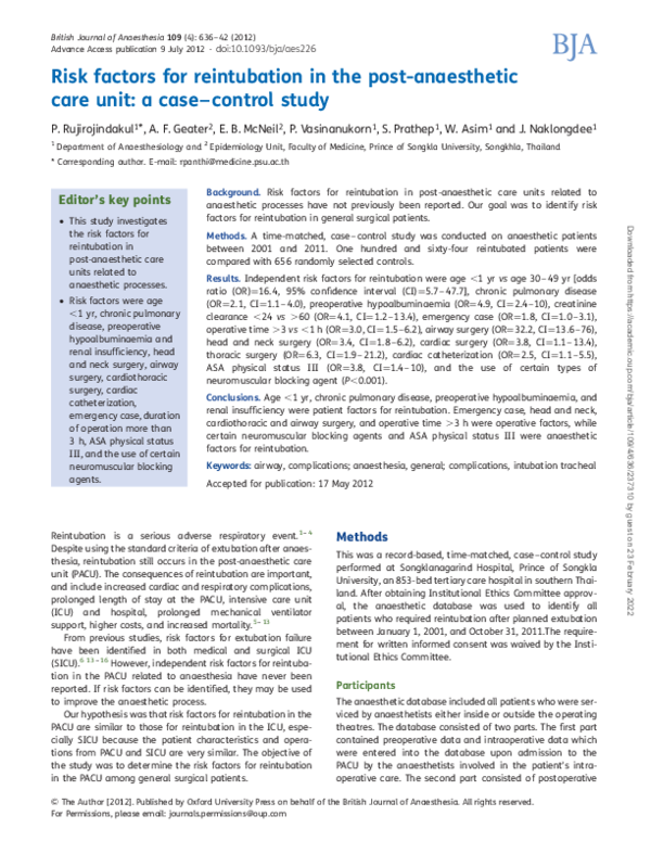 (PDF) Risk factors for reintubation in the post-anaesthetic care unit ...