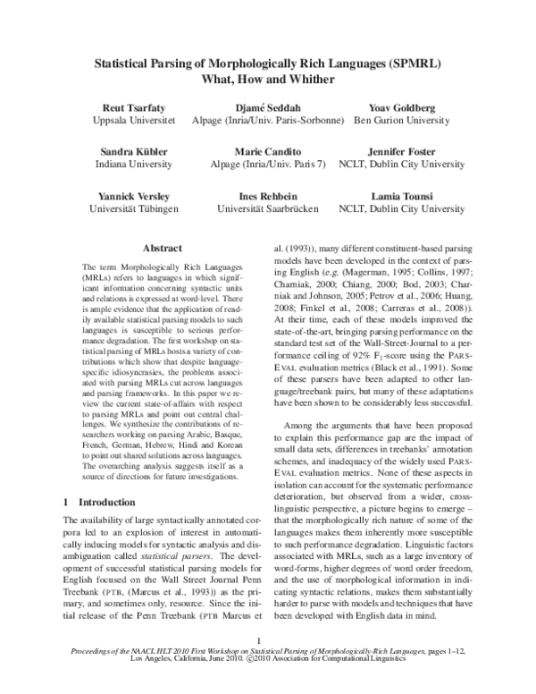 Pdf Statistical Parsing For Morphologically Rich Language Spmrl What How And Whither