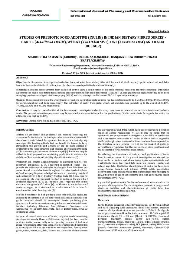 (PDF) Studies on Prebiotic Food Additive (Inulin) in Indian Dietary ...