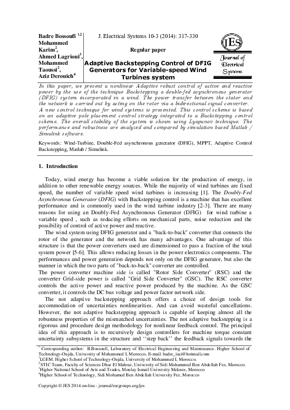 Pdf Regular Paper Adaptive Backstepping Control Of Dfig Generators For Variable Speed Wind