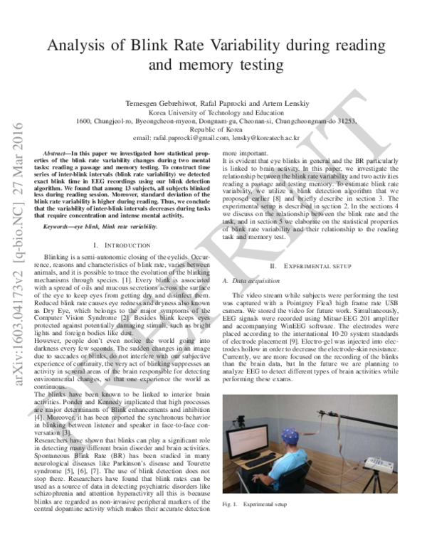 Pdf Analysis Of Blink Rate Variability During Reading And Memory Testing