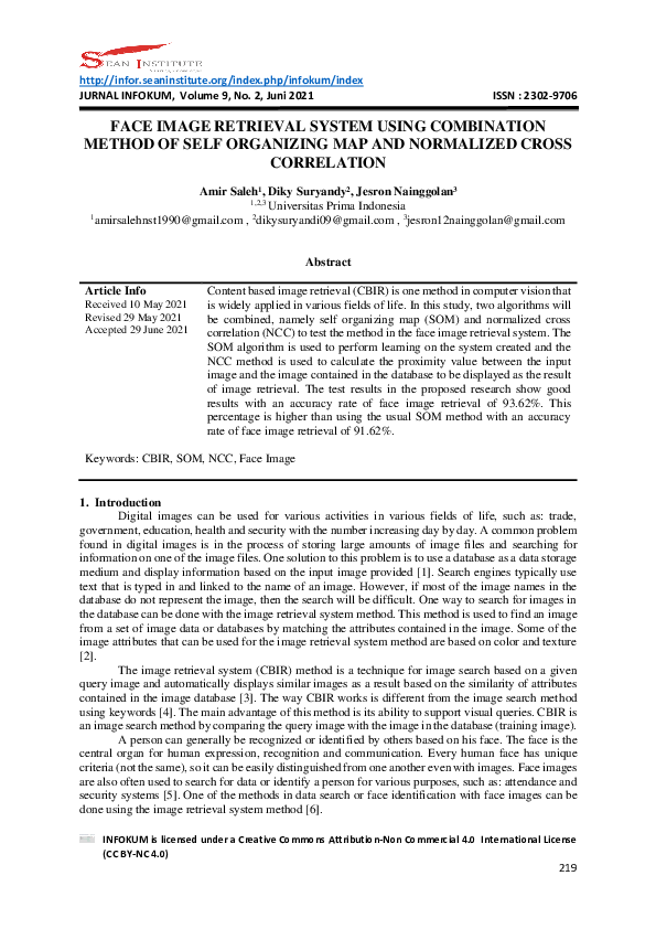 (PDF) FACE IMAGE RETRIEVAL SYSTEM USING COMBINATION METHOD OF SELF ORGANIZING MAP AND NORMALIZED ...