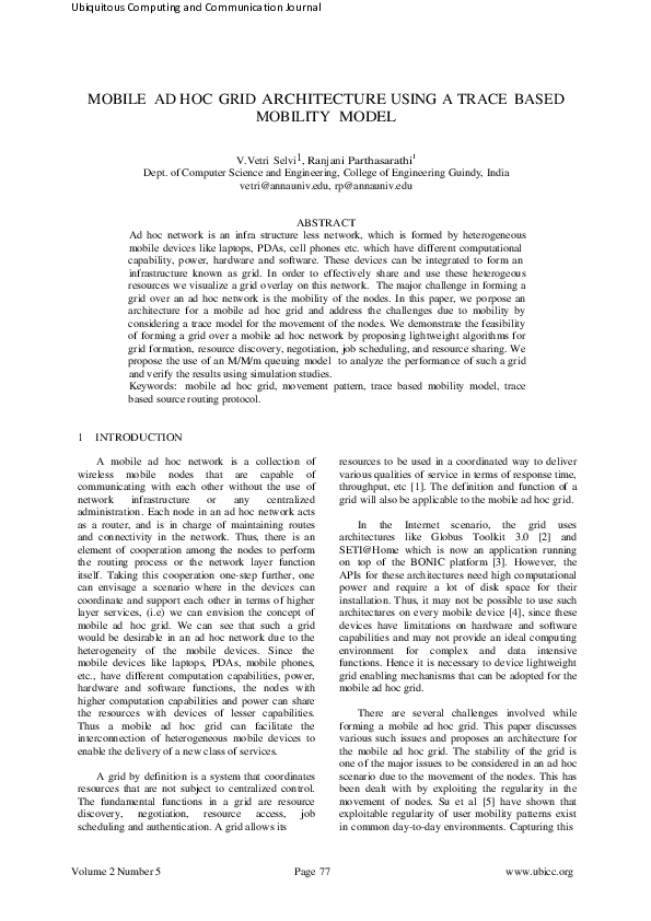 (PDF) Mobile Ad Hoc Grid Architecture Using a Trace Based Mobility Model
