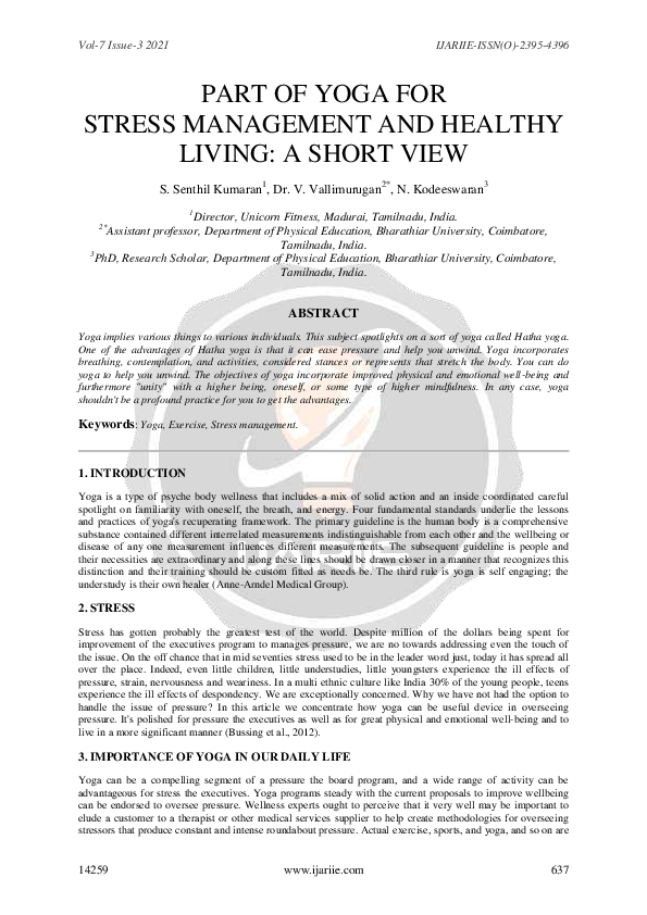 (PDF) PART OF YOGA FOR STRESS MANAGEMENT AND HEALTHY LIVING: A SHORT VIEW