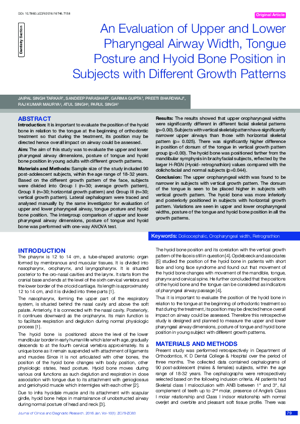 (PDF) An Evaluation of Upper and Lower Pharyngeal Airway Width, Tongue Posture and Hyoid Bone ...