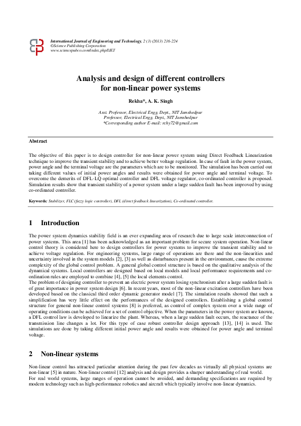 (PDF) Analysis and design of different controllers for non-linear power systems | Rekha ...