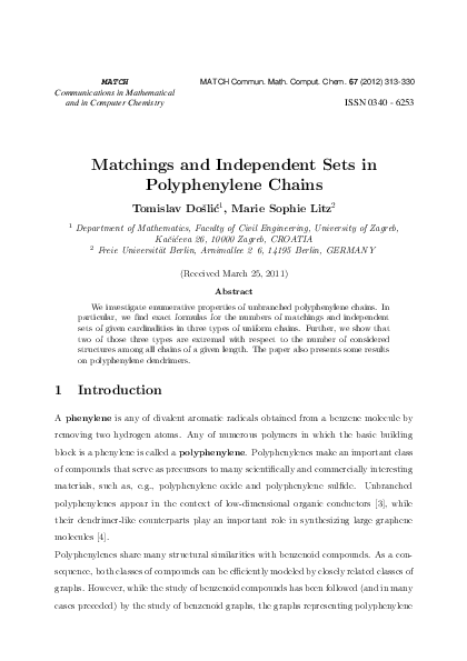 (PDF) Matchings and independent sets in polyphenylene chains