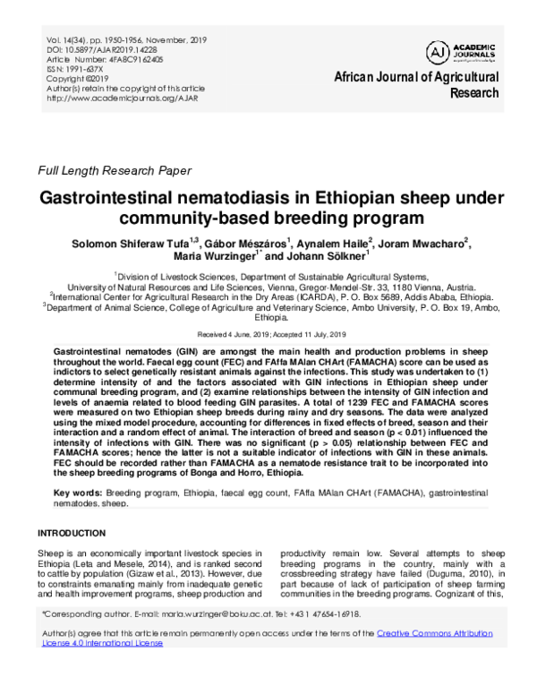 (PDF) Gastrointestinal nematodiasis in Ethiopian sheep under community ...