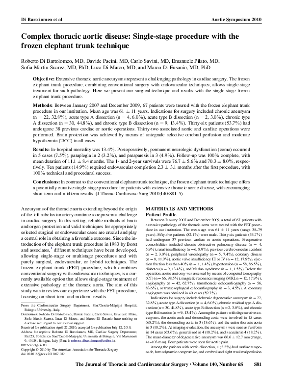 PDF Complex Thoracic Aortic Disease Single stage Procedure With The Frozen Elephant Trunk pdf-complex-thoracic-aortic-disease-single-stage-procedure-with-the-frozen-elephant-trunk