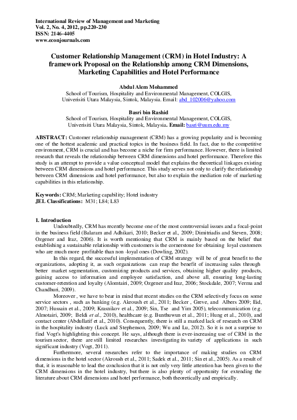 (PDF) Customer Relationship Management ( CRM) in Hotel Industry : A ...