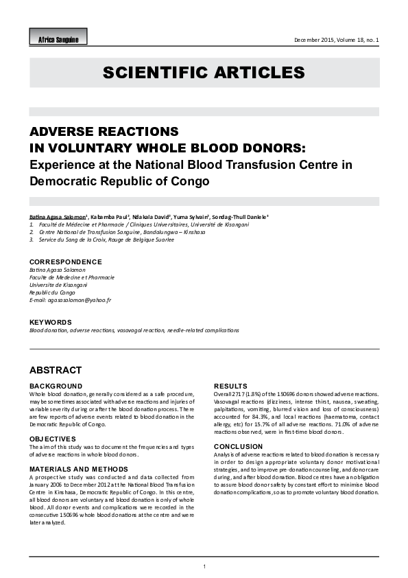 (PDF) Adverse reactions in voluntary whole blood donors: Experience at ...
