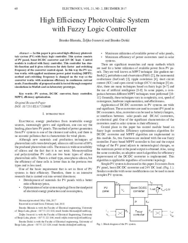 Pdf High Efficiency Photovoltaic System With Fuzzy Logic Controller