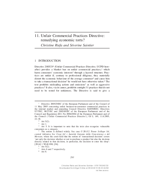 (PDF) Unfair Commercial Practices Directive: remedying economic torts?