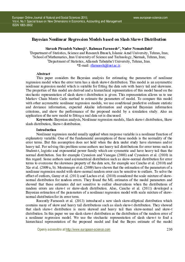 (PDF) Bayesian Nonlinear Regression Models based on Slash Skew-t Distribution