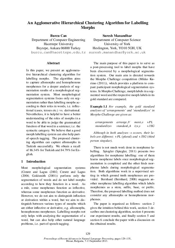 Pdf An Agglomerative Hierarchical Clustering Algorithm For Labelling Morphs