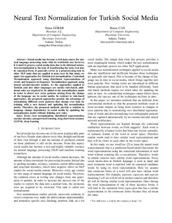 Pdf Neural Text Normalization For Turkish Social Media Burcu Can