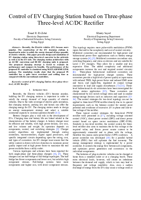 Pdf Control Of Ev Charging Station Based On Three Phase Three Level Ac Dc Rectifier