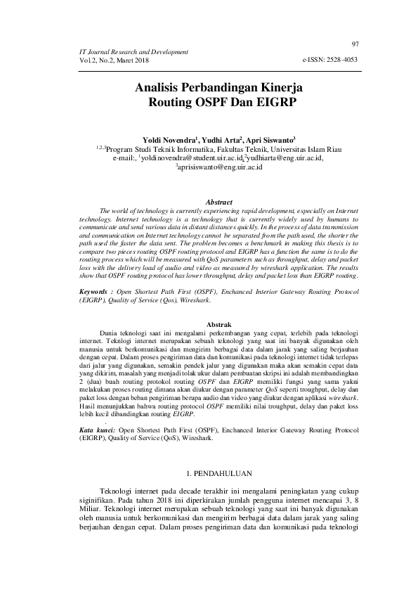 Pdf Analisis Perbandingan Kinerja Routing Ospf Dan Eigrp