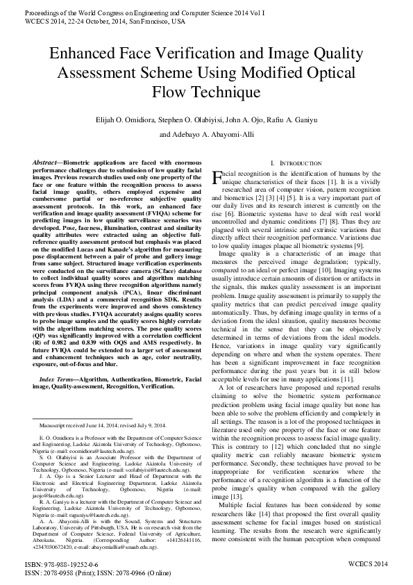(PDF) Enhanced Face Verification and Image Quality Assessment Scheme ...