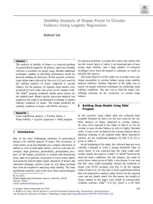 (PDF) Stability Analysis of Slopes Prone to Circular Failures Using Logistic Regression