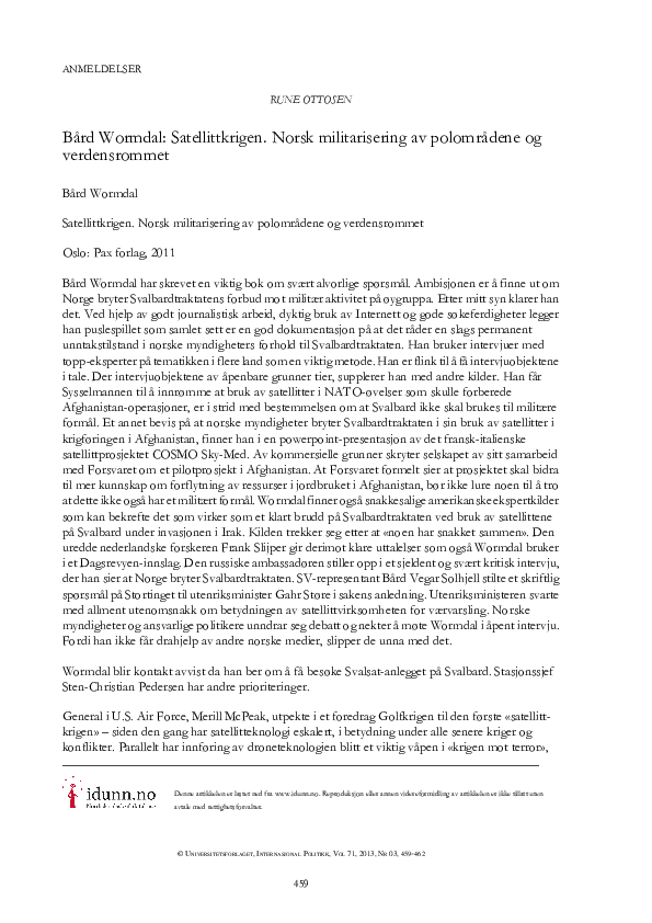 (PDF) Bård Wormdal: Satellittkrigen. Norsk militarisering av polområdene og verdensrommet | Rune ...