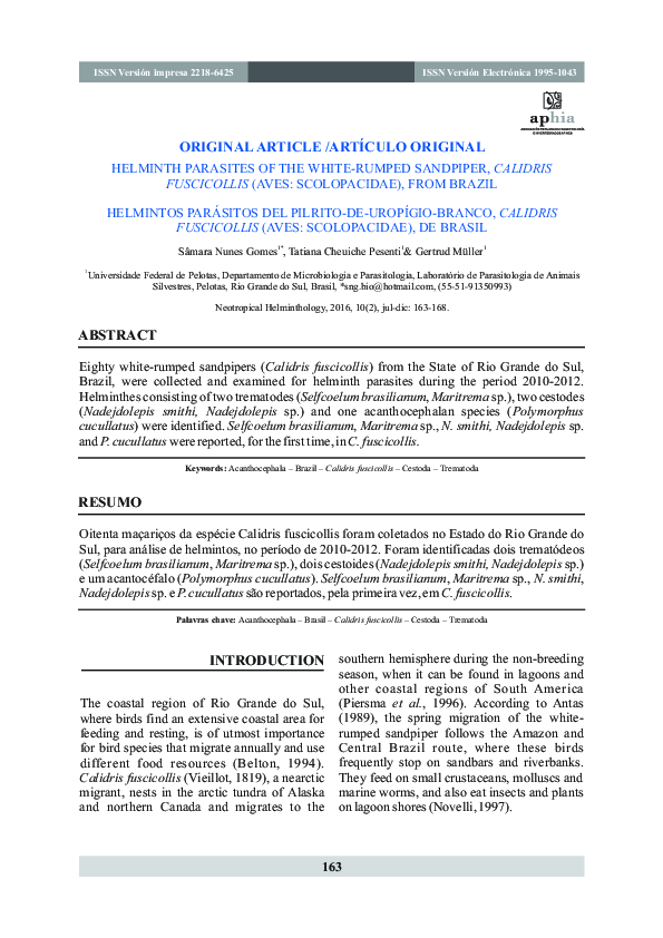 (PDF) Helmintos Parásitos Del Pilrito-De-Uropígio-Branco, Calidris ...