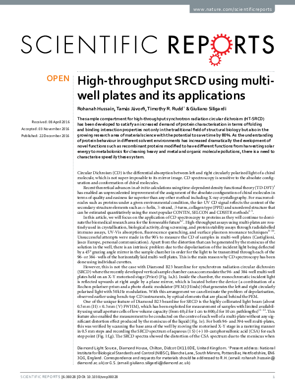 (PDF) High-throughput SRCD using multi-well plates and its applications