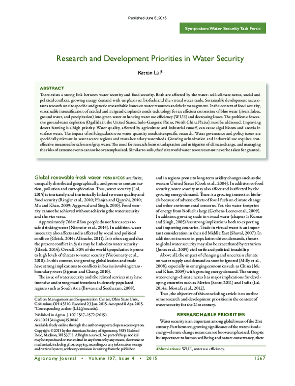 (PDF) Research and Development Priorities in Water Security
