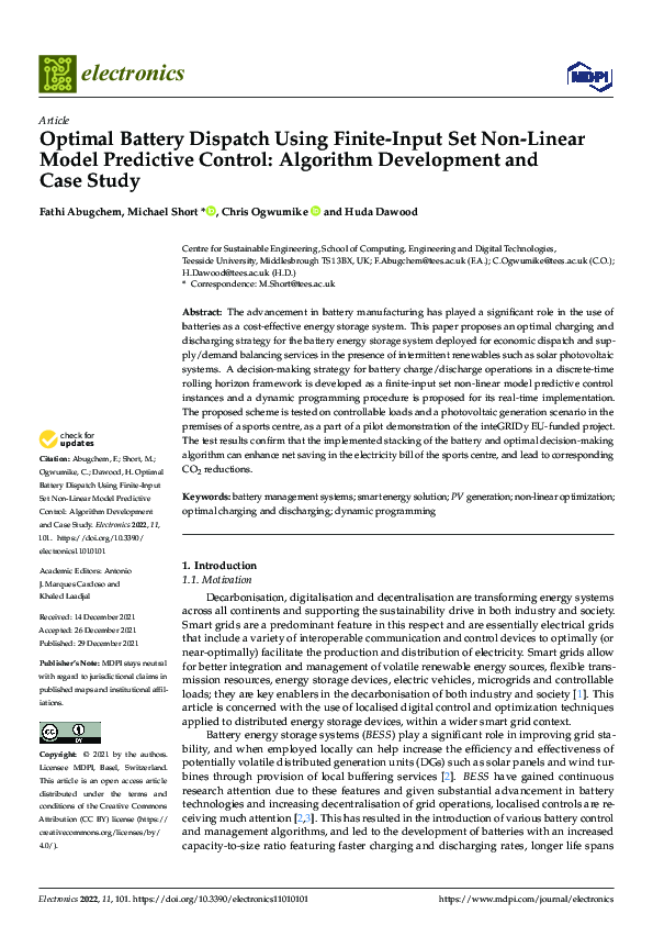 Pdf Optimal Battery Dispatch Using Finite Input Set Non Linear Model Predictive Control