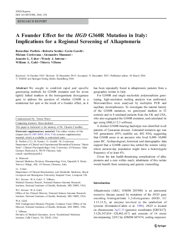 (PDF) A Founder Effect for the HGD G360R Mutation in Italy ...