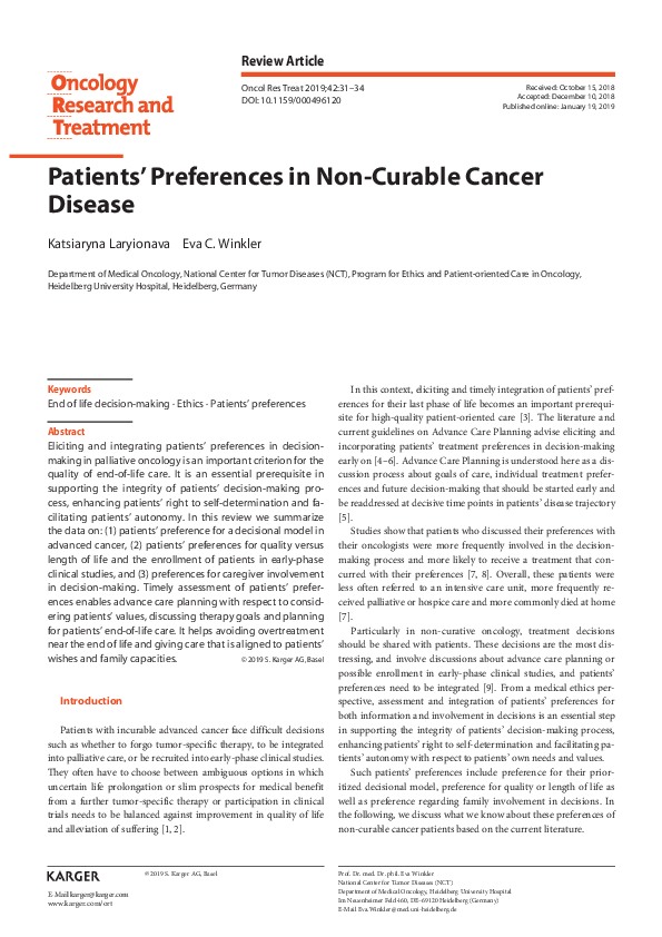 (PDF) Patients' Preferences in Non-Curable Cancer Disease