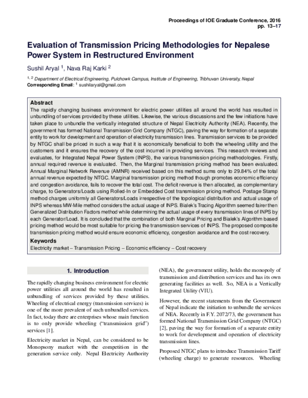(PDF) Evaluation of Transmission Pricing Methodologies for Nepalese ...
