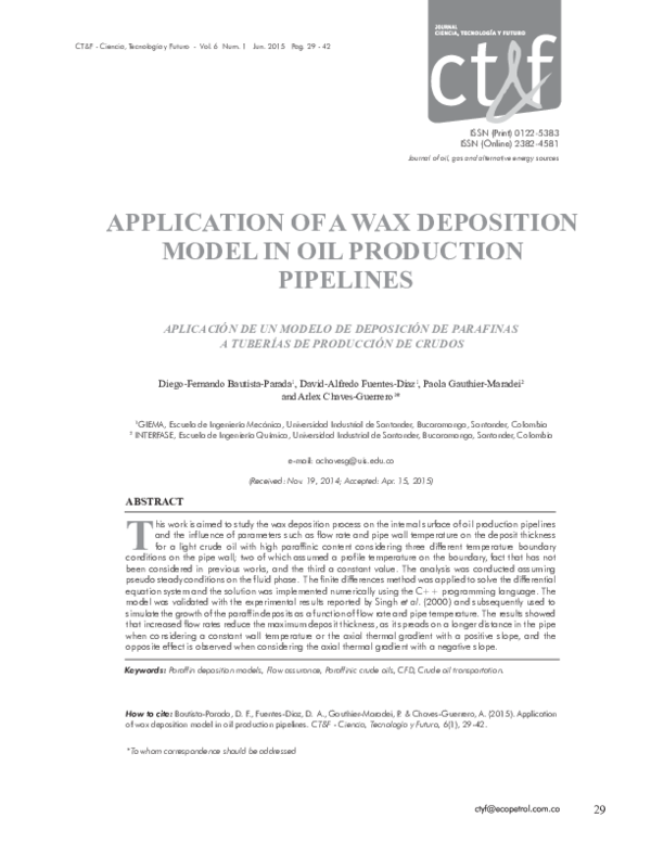 (PDF) Application of a wax deposition model in oil production pipelines